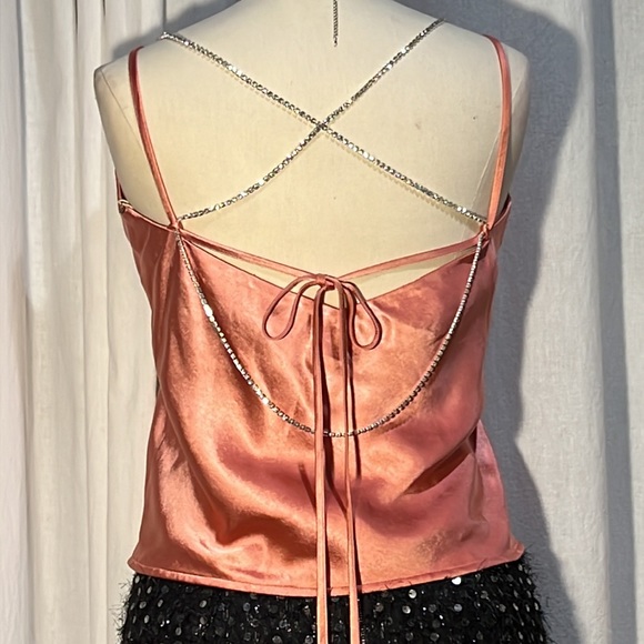 Fanco | Tops | Cameo Pink Satin Camisole With Rhinestone Chain ...